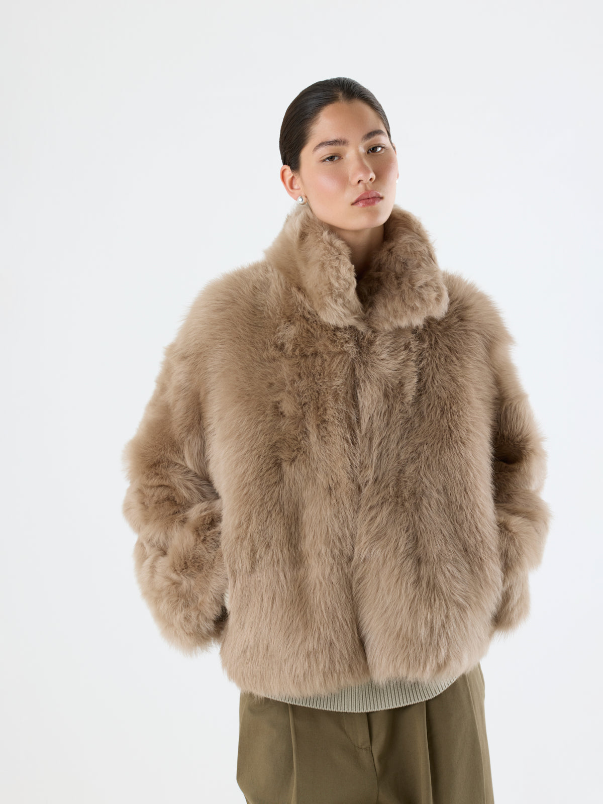 Funnel Collar Camel Shearling Jacket | Women | Gushlow & Cole